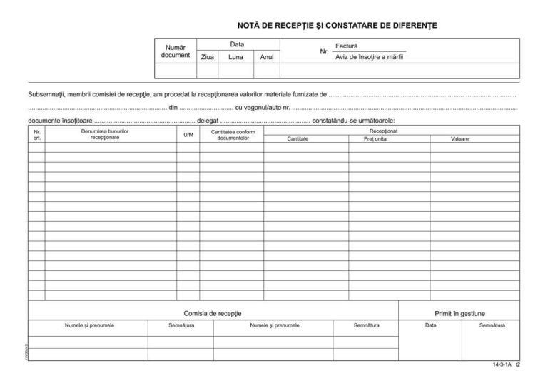 Nota de receptie si constatare de diferente A4 carnet, offset ...