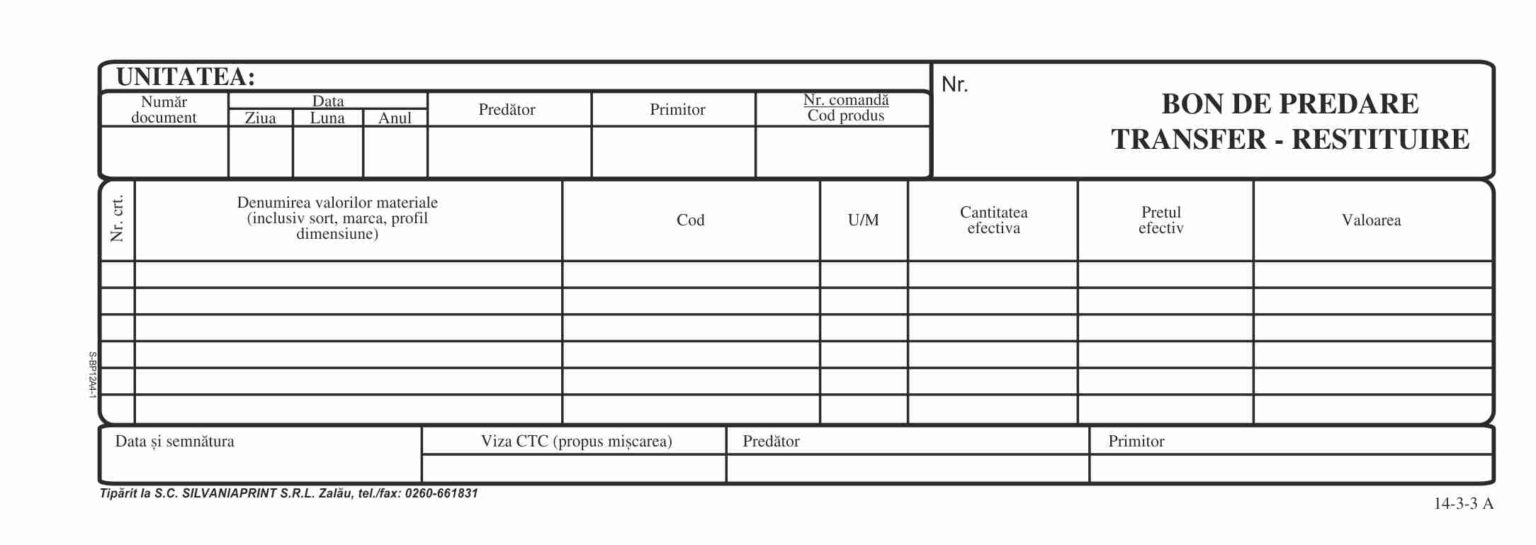 Bon de predare transfer restituire 1/2A4 - Silvaniaprint